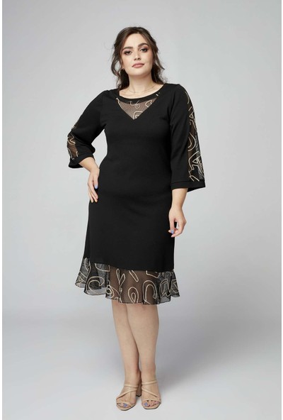 Moda Berray 1957 Siyah Etek ve Kol Fileli Desenli Esnek Büyük Beden Triko Elbise Moda Berray 1957 Siyah Etek ve Kol Fileli Desenli Esnek Büyük Beden Triko Elbise