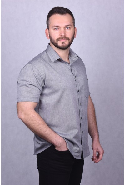 Lider Efes Klasik Düz Yaka Kısa Kollu Erkek Gömleği- Kurşuni Gri