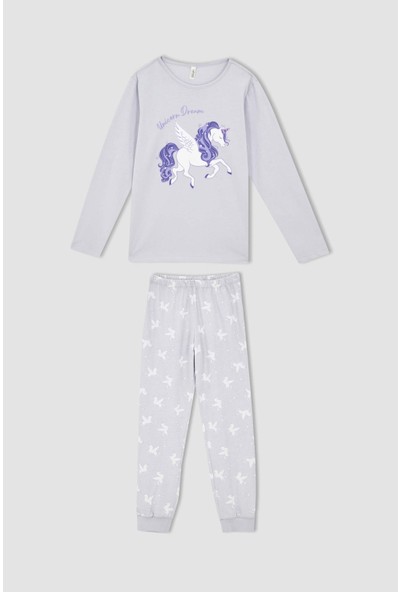 DeFacto Kız Çocuk Unicorn Baskılı Uzun Kollu Pamuklu Pijama Takım W6867A622SP
