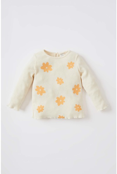 DeFacto Kız Bebek Regular Fit Çiçek Baskılı Uzun Kollu Fitilli Kaşkorse Tişört X9823A222SP