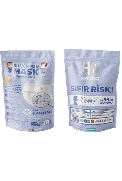 Hipokrat Mask 4+4 Katmanlı Gümüş Iyonlu 1 Paket 10 Adet Steril Cerrahi Çocuk Maske