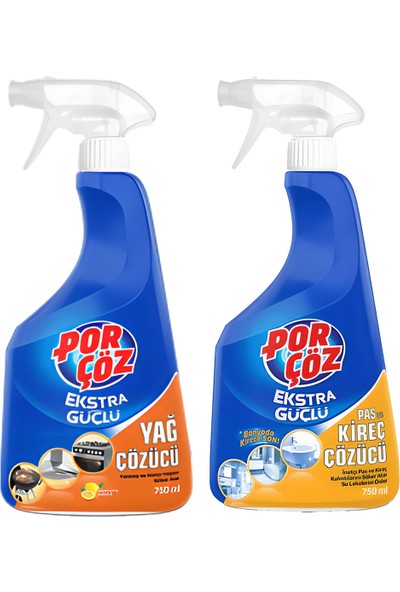 Porçöz Yağ Çözücü Sprey+ Pas ve Kireç Çözücü Sprey 2'li 2X750 ml Porçöz Yağ Çözücü Sprey+ Pas ve Kireç Çözücü Sprey 2'li 2X750 ml