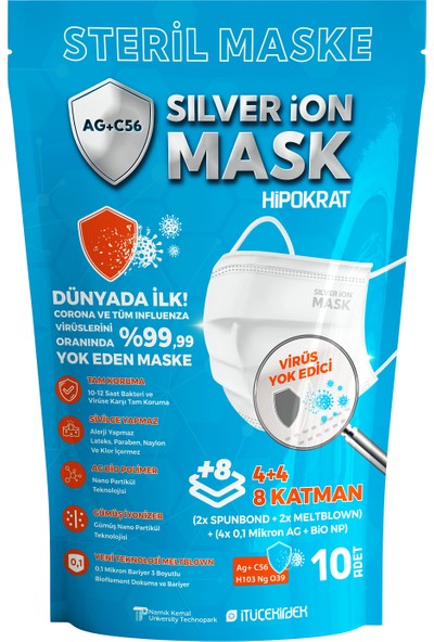Hipokrat Mask 4+4 Katmanlı Gümüş Iyonlu 1 Paket 10 Adet Steril Cerrahi Maske