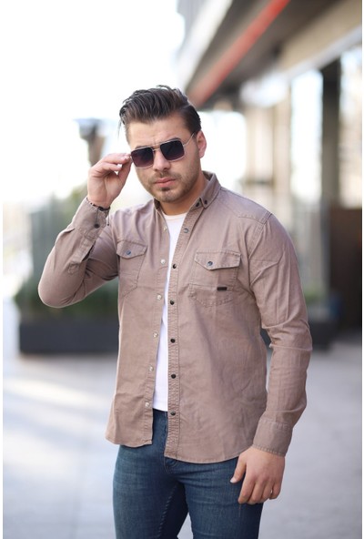 Ohepmoda Slim Fit Dar Kesim Erkek Cepli Gömlek Taba Ohepmoda Slim Fit Dar Kesim Erkek Cepli Gömlek Taba
