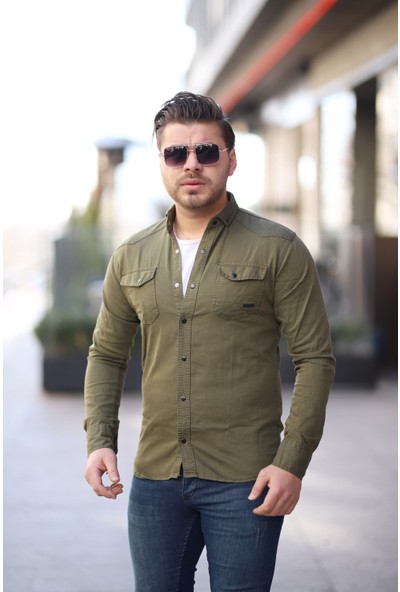 Ohepmoda Slim Fit Dar Kesim Erkek Cepli Gömlek Yeşil