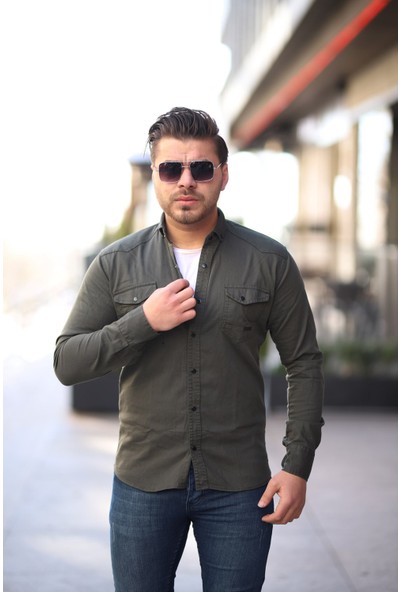 Ohepmoda Slim Fit Dar Kesim Erkek Cepli Gömlek Haki