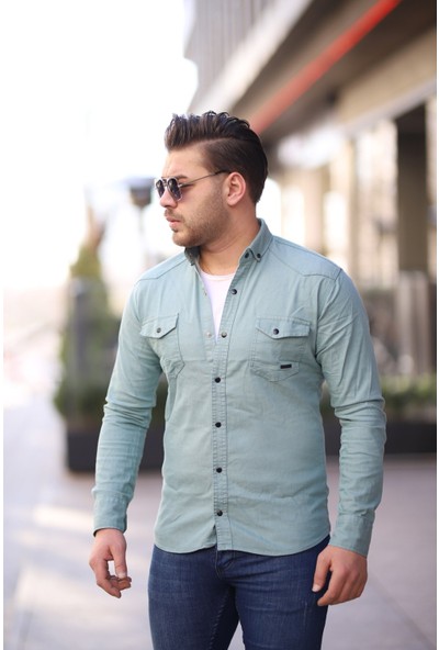 Ohepmoda Slim Fit Dar Kesim Erkek Cepli Gömlek Su Yeşili