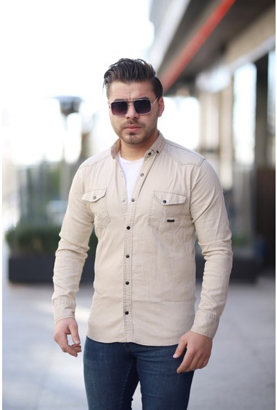 Ohepmoda Slim Fit Dar Kesim Erkek Cepli Gömlek Krem Ohepmoda Slim Fit Dar Kesim Erkek Cepli Gömlek Krem