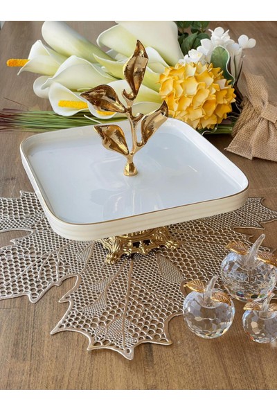 Rossev Henna Yaprak Ayaklı Kare Porselen Sunumluk