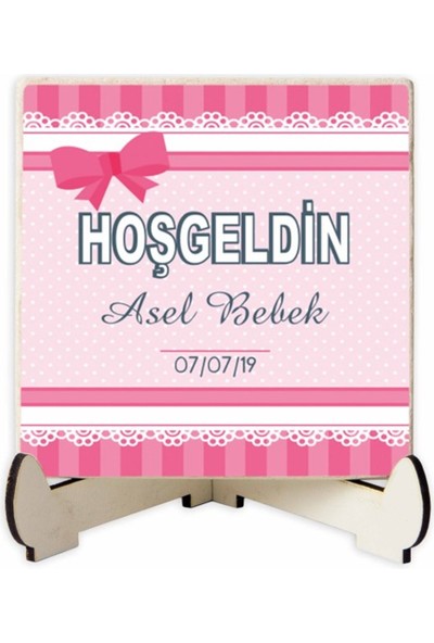 Hediye Rengi Kişiye Özel Baskılı Ahşap Stantlı Dekoratif Kare Taş - Hoş Geldin Hediye Rengi Kişiye Özel Baskılı Ahşap Stantlı Dekoratif Kare Taş - Hoş Geldin