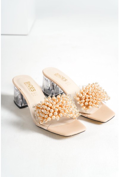 Long Shoes Bayan Lenb Nut Şeffaf Alçak Topuk Boncuk Detaylı Terlik