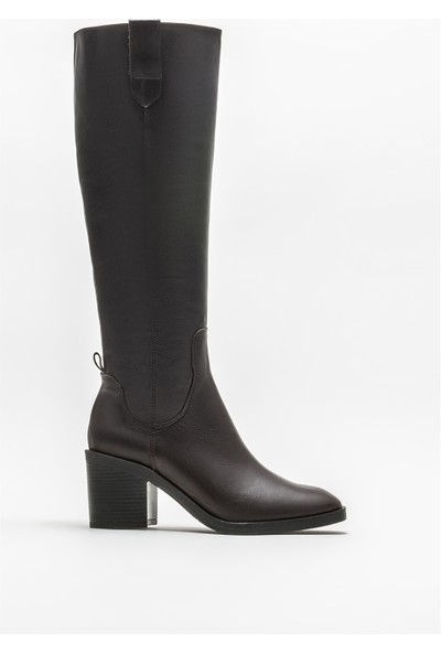 Kahve Deri Kadın Topuklu Çizme