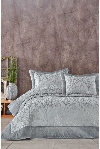 Elart Elart yatak Örtüsü Takımı Çift Kişilik Elyaf Dolgulu Pano Kadife Bahar Gümüş