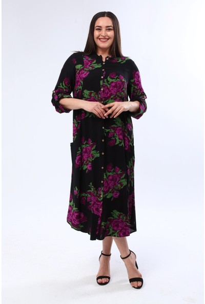 Shine Akay Kadın Büyük Beden Koton Viskon Mor Güller Elbise