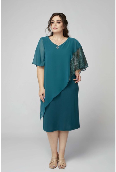 Moda Berray 4051 Petrol Pelerinli Esnek Kumaş Büyük Beden Elbise Moda Berray 4051 Petrol Pelerinli Esnek Kumaş Büyük Beden Elbise