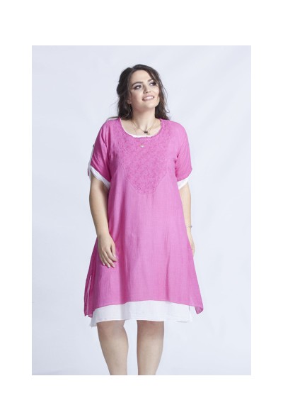 Moda Berray 3002 Pembe Nakışlı Iki Kat Kısa Kollu Büyük Beden Elbise