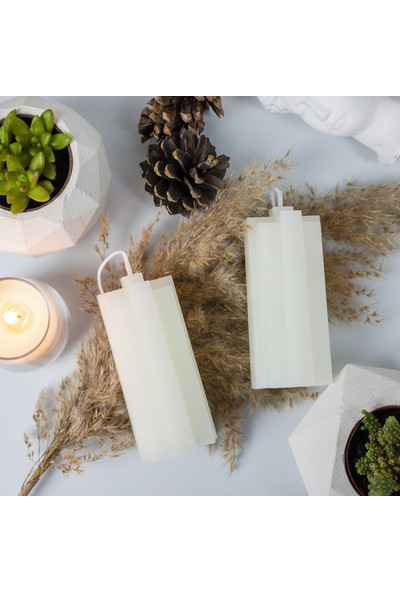 Mument Dekoratif Kübik 2'li Mum Seti Krem