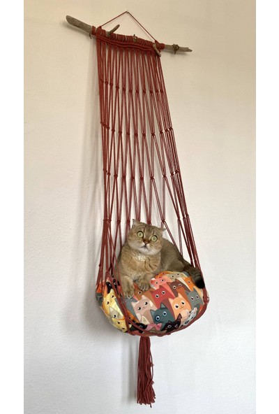 Kedi Desenli Kırlent Dahil Makrome Kedi Hamağı / Yatağı
