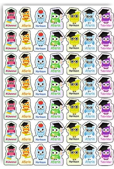 BaskıLife Ödev Etiket Baykuş Sticker Öğretmen Aferin Harikasın Etiketleri 200 Adet