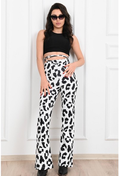 Koza Beyaz Leopar Desenli Yüksek Bel Tayt -3 6079-22