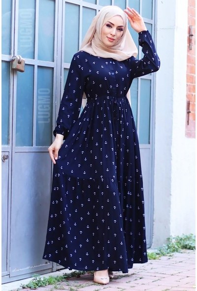 Çapa Desenli Elbise Tesettür Viskon Koton Kumaş Lacivert Çapa Desenli Elbise Tesettür Viskon Koton Kumaş Lacivert
