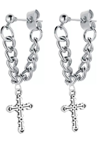 Takı Concept Haç Detaylı Zincir Çelik Top Küpe