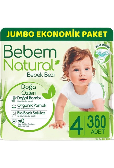 Bebem Natural Maxi 4 Beden (7-14 Kg) Jumbo Paket 360'LI Bebem Natural Maxi 4 Beden (7-14 Kg) Jumbo Paket 360'LI