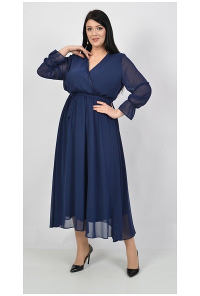 Lilas Xxl Büyük Beden Lacivert Renkli Kruvaze Yaka Uzun Şifon Elbise Lilas Xxl Büyük Beden Lacivert Renkli Kruvaze Yaka Uzun Şifon Elbise