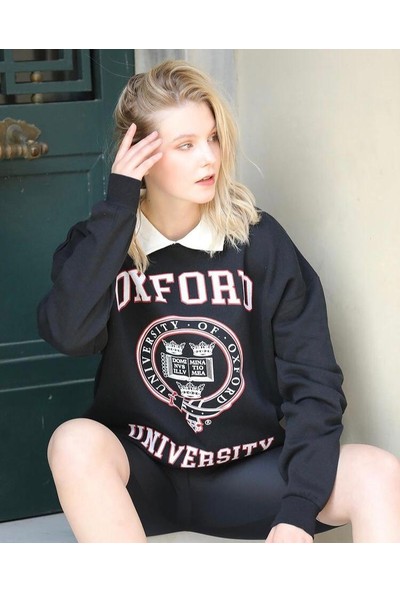 My Shiness Siyah Yakalı Oxford Baskılı Kadın Sweatshirt