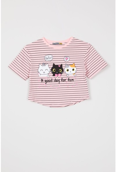 First Kids Kız Çocuk Kedi Baskılı Tişört