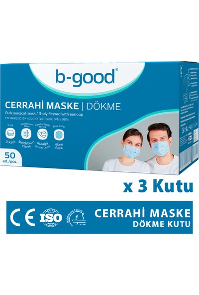 B-good 3 Kutu Filtreli 3 Katlı Lastikli Cerrahi Maske 150 Adet B-good 3 Kutu Filtreli 3 Katlı Lastikli Cerrahi Maske 150 Adet