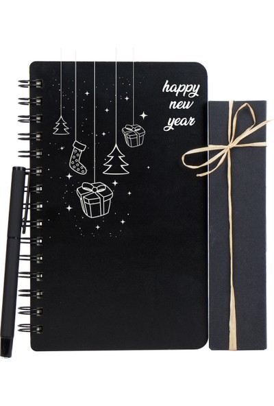 Kitaplı Hediye Yeni Yıla Özel Mutlu Yıllar Tasarımlı Ahşap Kapaklı Defter-Kalem Seti