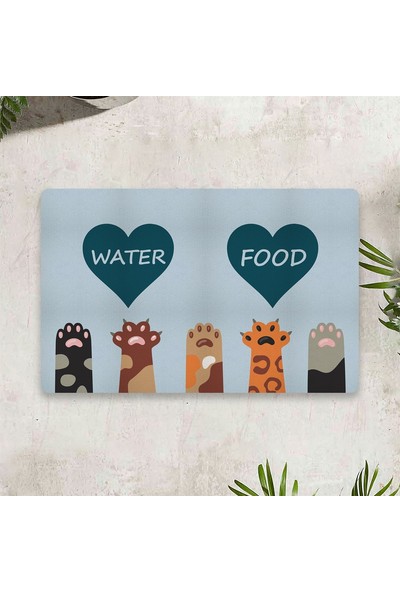 Vagonik Water Food Kedi Köpek Kalp Dijital Baskılı 50 x 70 cm Dekoratif Çok Amaçlı Iç ve Dış Kapı Paspası Mama Paspası