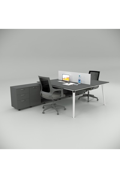 Akr Ofis Smart Ikili Çalışma Masası Workstation Antrasit (320 cm Alt Etajerli)
