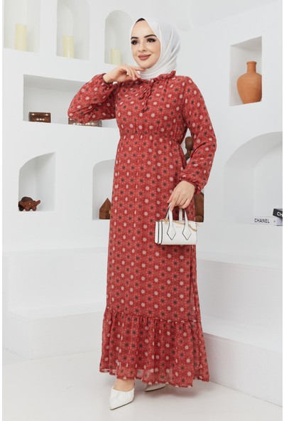 İmaj Butik Desenli Tesettür Şifon Elbise/kiremit