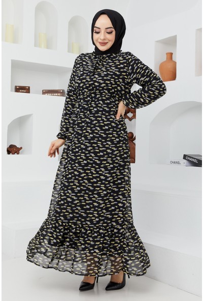 İmaj Butik Desenli Tesettür Şifon Elbise/siyah-Hardal