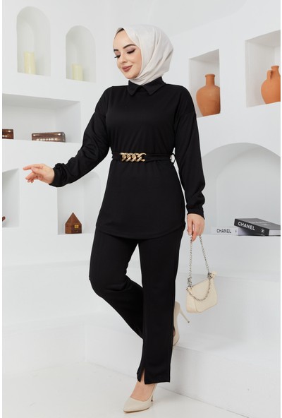 İmaj Butik Gömlek Yaka Aksesuarlı Tesettür Takım/siyah