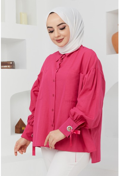 İmaj Butik Yarasa Kol Bağcık Detaylı Tesettür Gömlek/fuşya İmaj Butik Yarasa Kol Bağcık Detaylı Tesettür Gömlek/fuşya