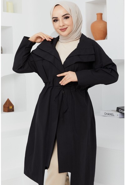 İmaj Butik Bel Bağcık Detaylı Tesettür Trençkot/siyah
