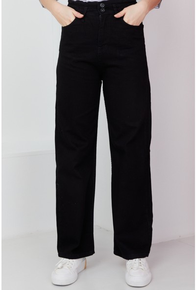 İmaj Butik Çift Düğmeli Bol Paça Kot Pantolon/siyah