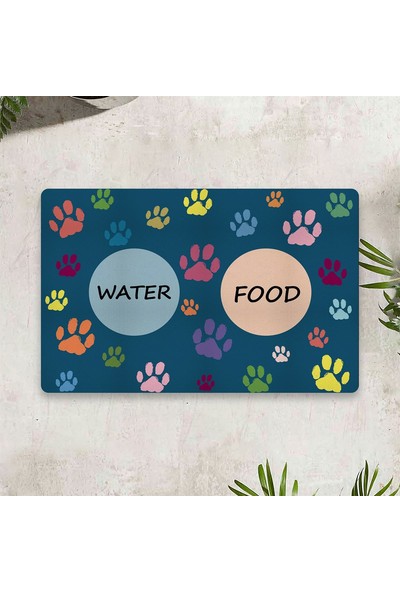 Vagonik Water Food Kedi Köpek Dijital Baskılı 50 x 70 cm Dekoratif Çok Amaçlı Iç ve Dış Kapı Paspası Mama Paspası