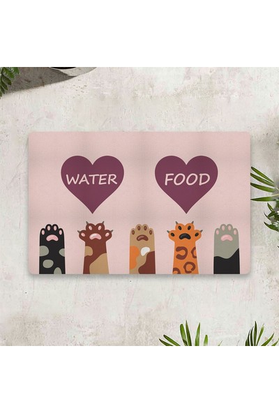 Vagonik Water Food Kedi Köpek Kalp Dijital Baskılı 50 x 70 cm Dekoratif Çok Amaçlı Iç ve Dış Kapı Paspası Mama Paspası