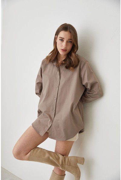 Lime Moda Oversize Gömlek-Açık Vizon Lime Moda Oversize Gömlek-Açık Vizon