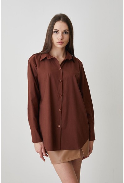 Lime Moda Oversize Gömlek-Kahve