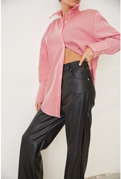 Lime Moda Çizgili Gömlek-Kırmızı
