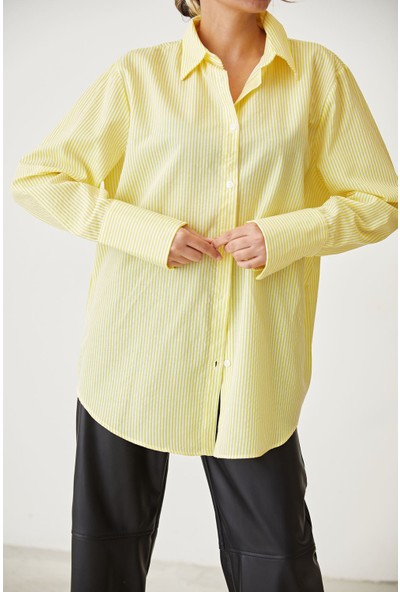Lime Moda Çizgili Gömlek-Sarı
