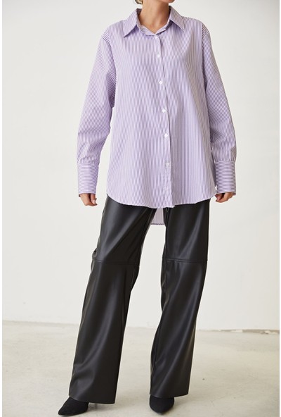 Lime Moda Çizgili Gömlek-Lila