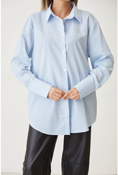 Lime Moda Çizgili Gömlek-Mavi