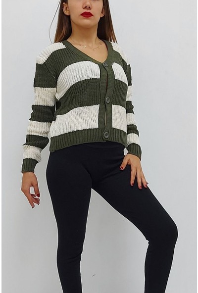 Sue 3 Düğmeli Hırka Haki-Krem