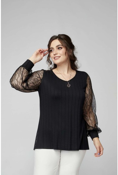 Moda Berray 1952 Siyah Kolu Dantelli Şık Esnek Büyük Beden Triko Bluz
